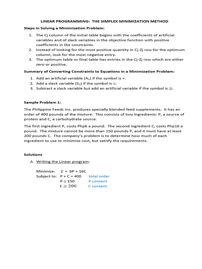 Linear Programming Minimization Illustration Pdf Linear Programming Mathematical Optimization