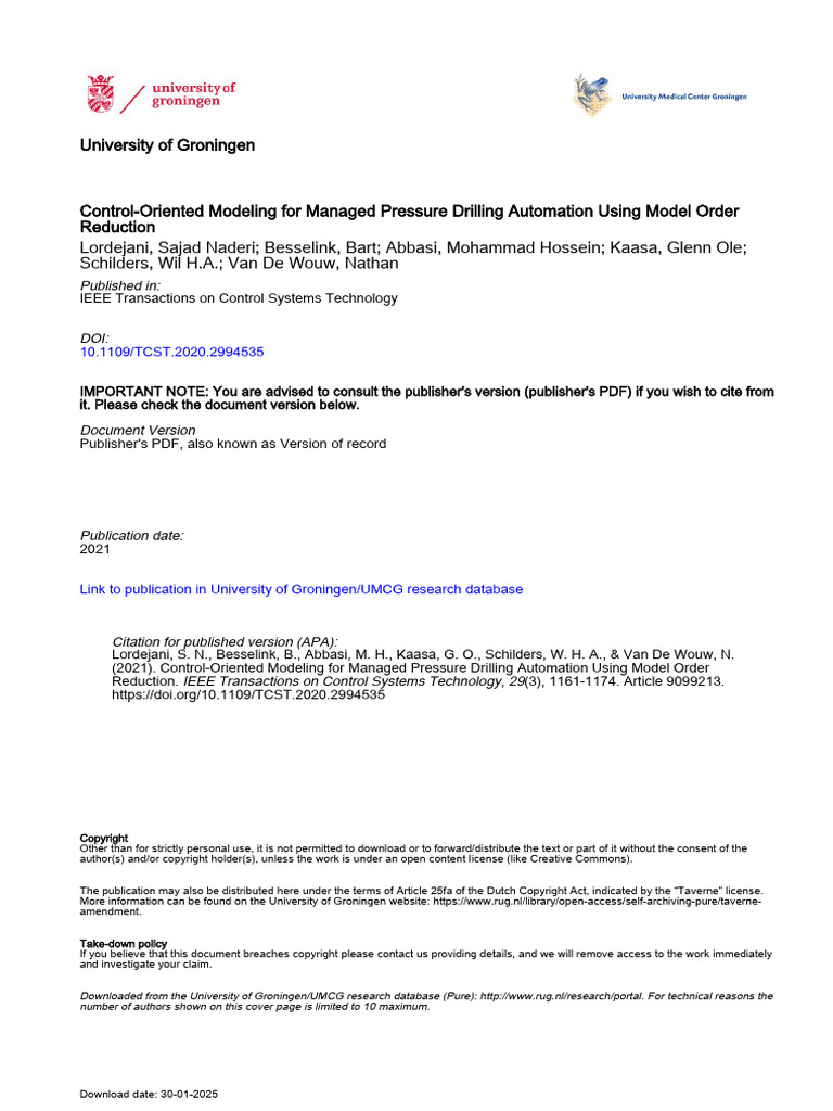 Control Oriented Modeling For Managed Pressure Drilling Automation Using Model Order Reduction ...