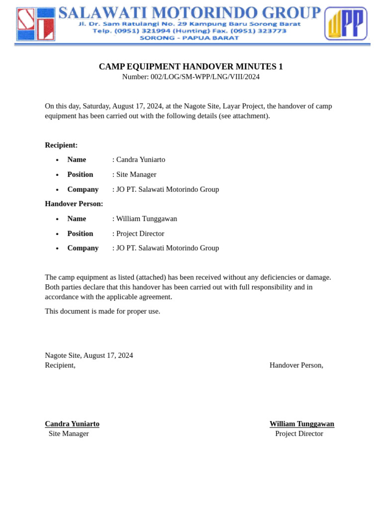 CAMP EQUIPMENT HANDOVER MINUTES 1 Trip Kedua | PDF