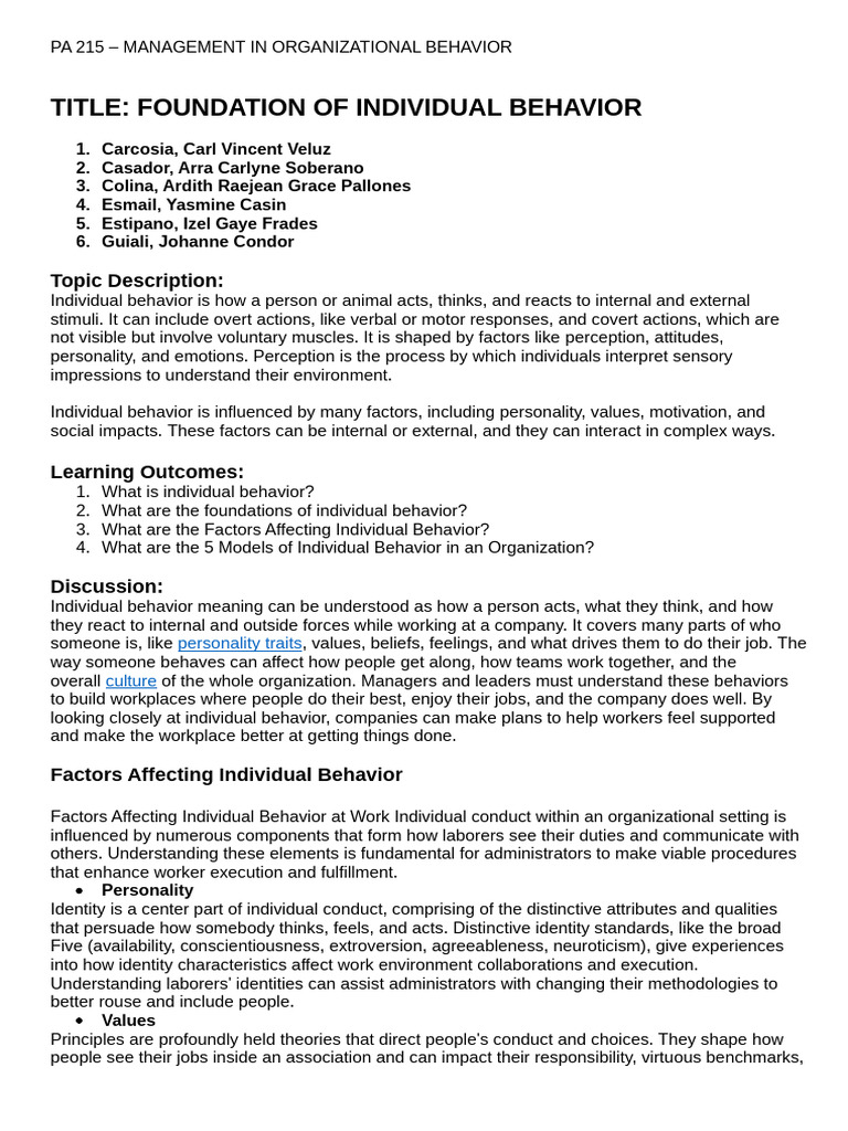 Foundation To Individual Behavior | PDF | Motivational | Motivation