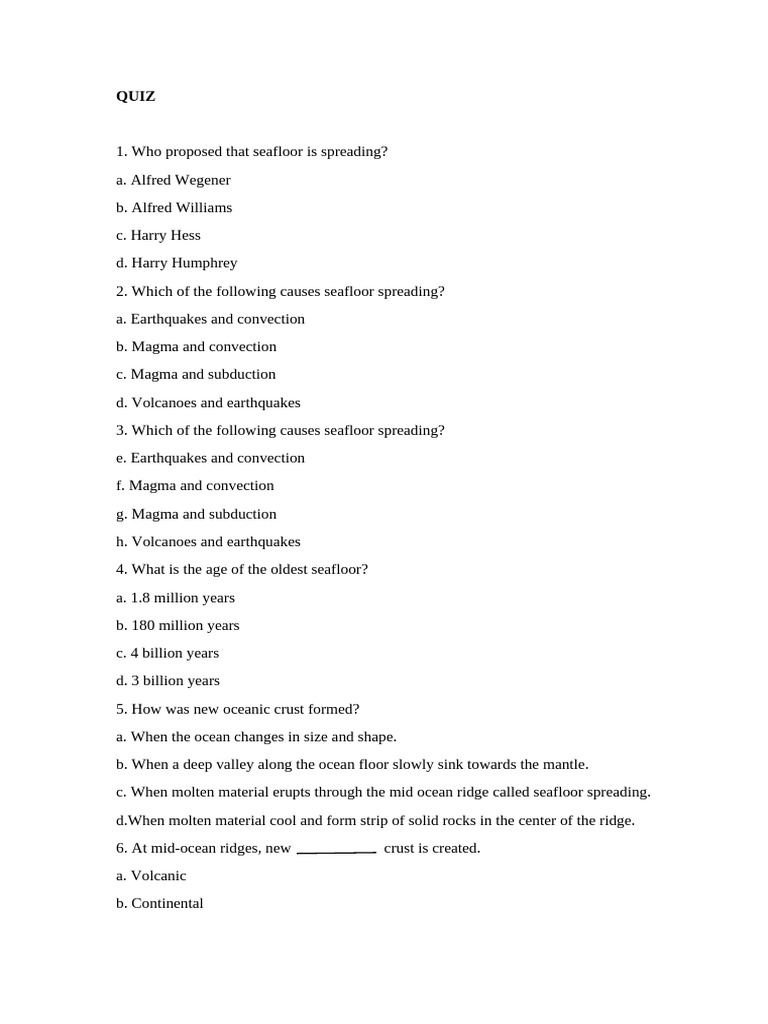 Seafloor Spreading Quiz | PDF