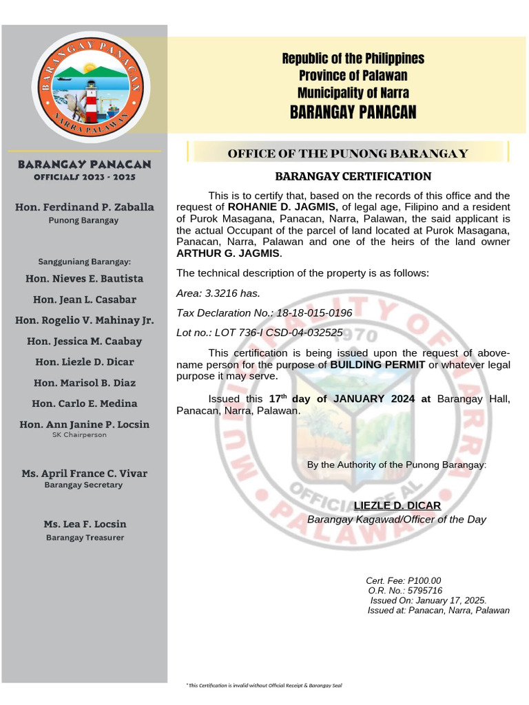 BARANGAY CERTIFICATION for occupancy ithout title_ANG | PDF