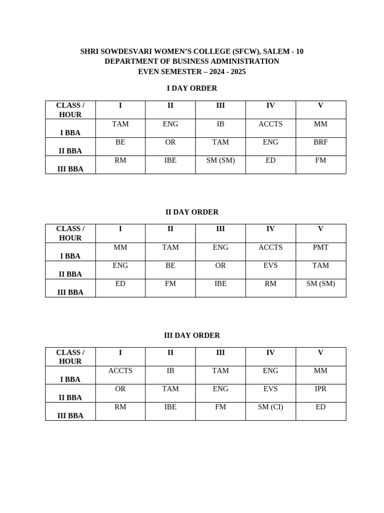 BBA Even Semester Time Table 2024-25 | PDF