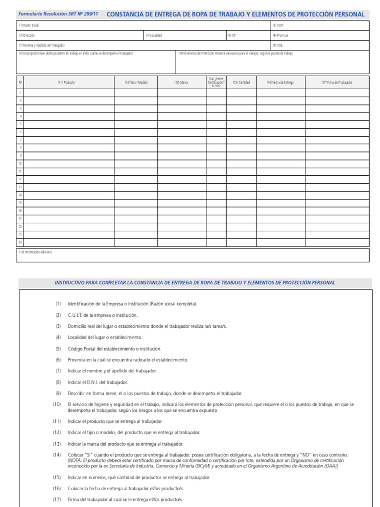 Formulario Entrega Ropa Trabajo - SRT 299-11 Art | PDF
