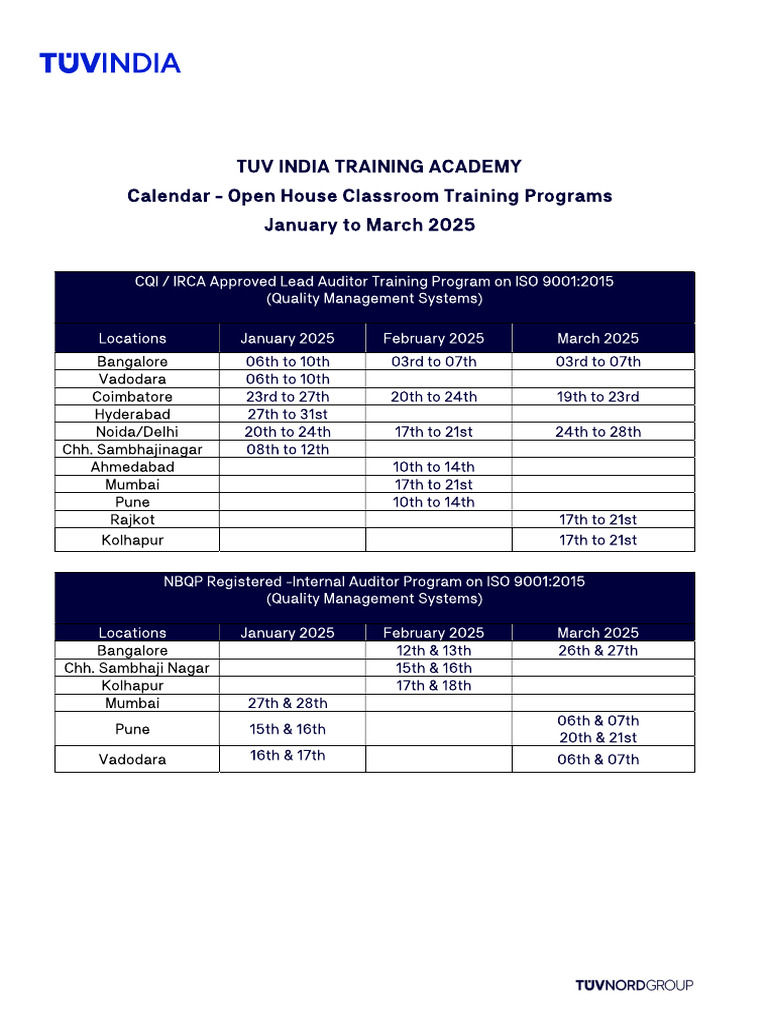 TUV India Training Academy Class Room Open House Jan To Mar 25 Calendar | PDF