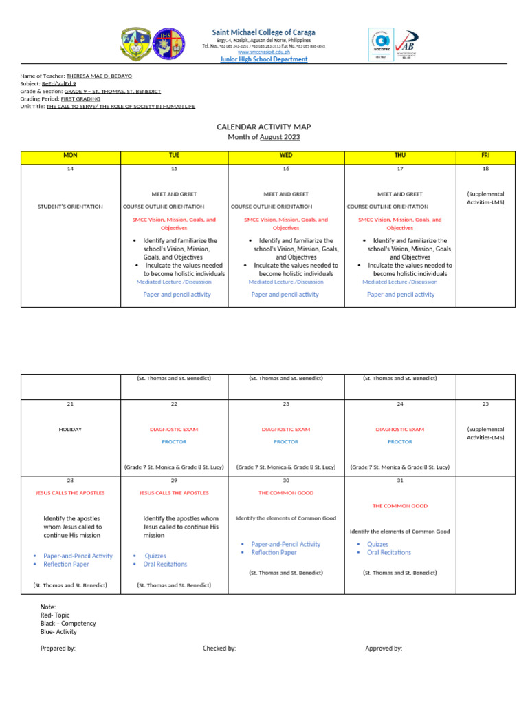 FINAL ReEd & ValEd 9 - CALENDAR-ACTIVITY-MAP | PDF | Baptism | Sacraments