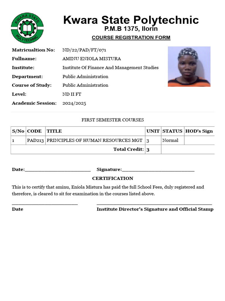 Kwara Poly Course Registration 2024 | PDF