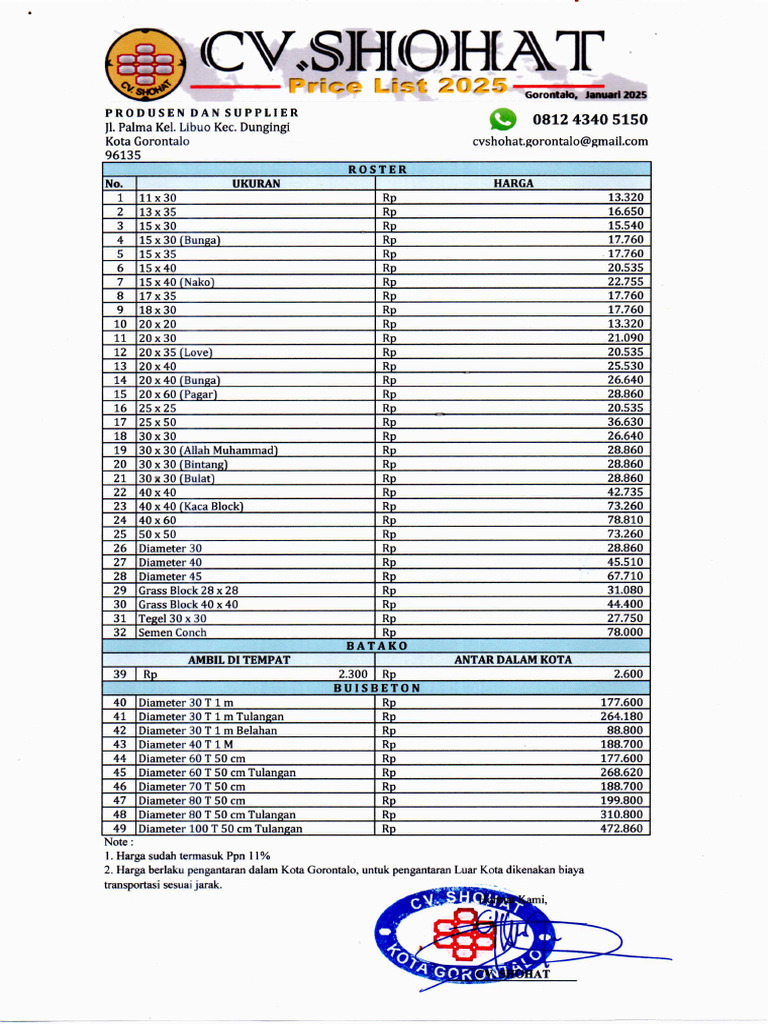Price List Roster, Batako, Buis Beton 2025 | PDF
