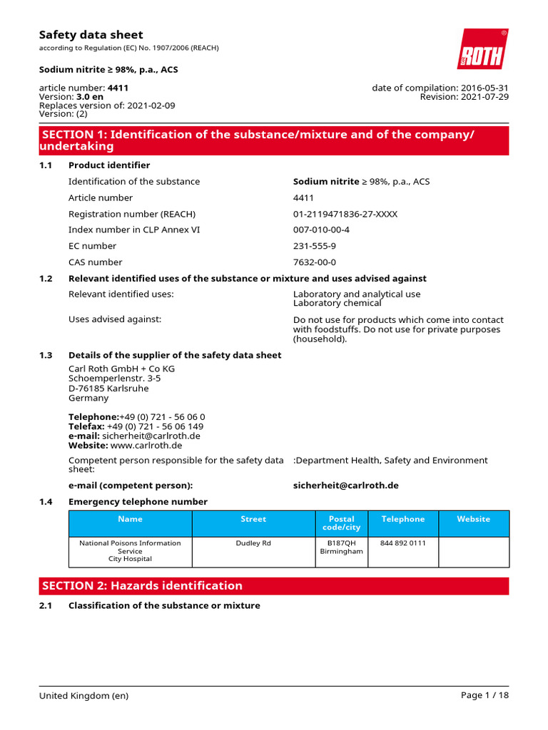 Sodium Nitrite Safety Data Sheet | PDF | Toxicity | Dangerous Goods