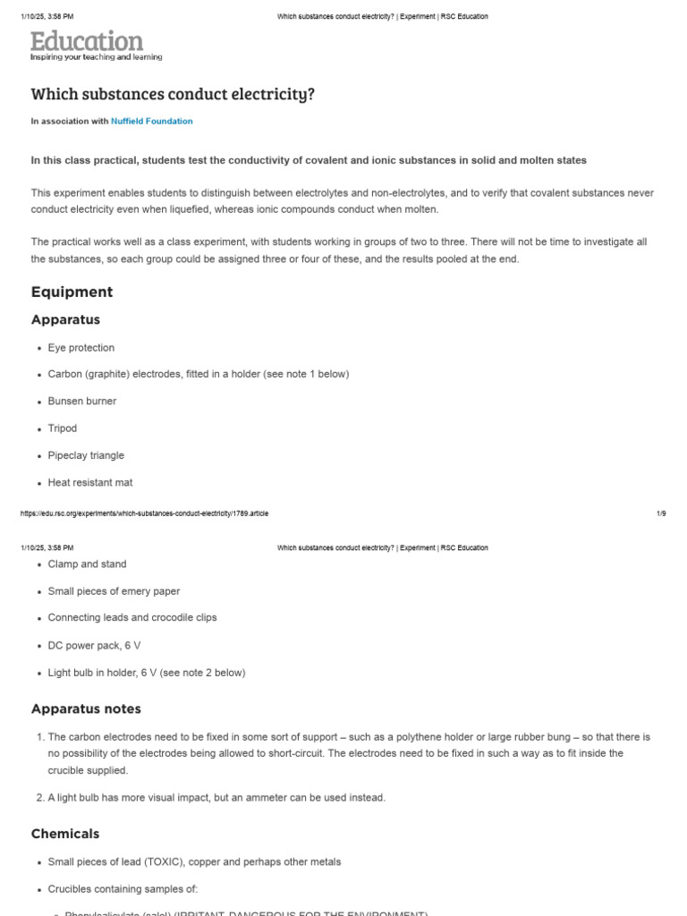 Testing Electrical Conductivity in Substances | PDF | Chemical ...