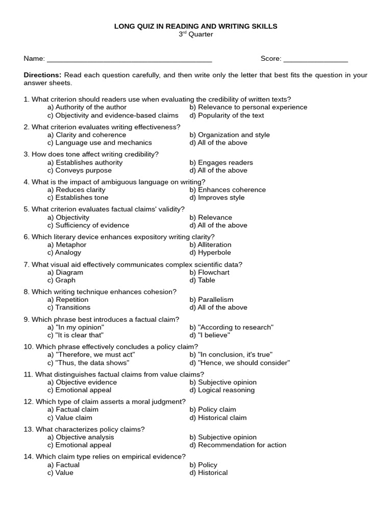 Reading and Writing Skills Quiz | PDF | Essays | Narrative