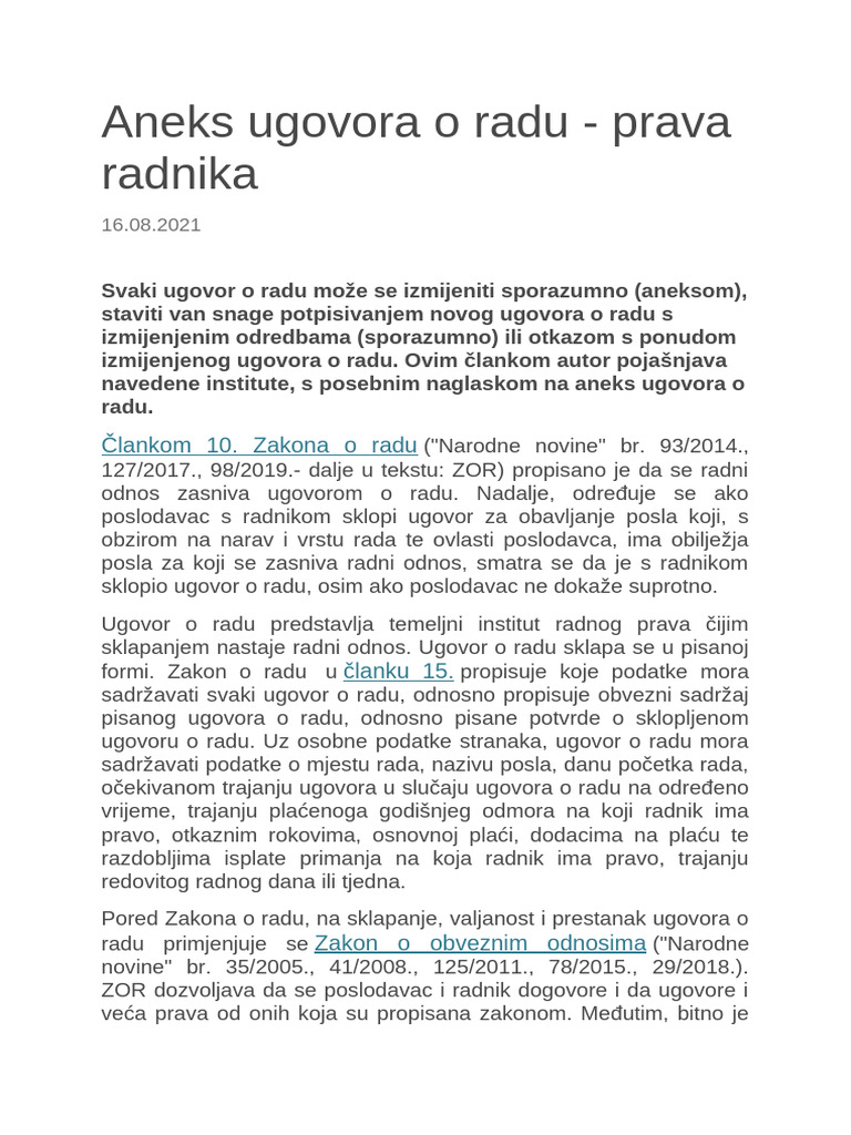 Aneks Ugovora o Radu | PDF