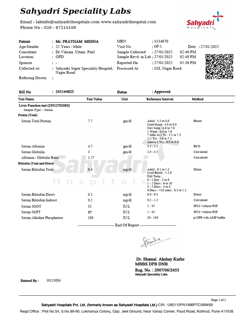 Report of Mr. Pratham Meena (MRNO - 3134670) . | PDF | Blood Plasma ...