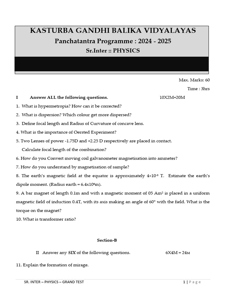 2091216101-SR. Inter - Physics - Grand Tests 2024-25 | PDF | Waves ...
