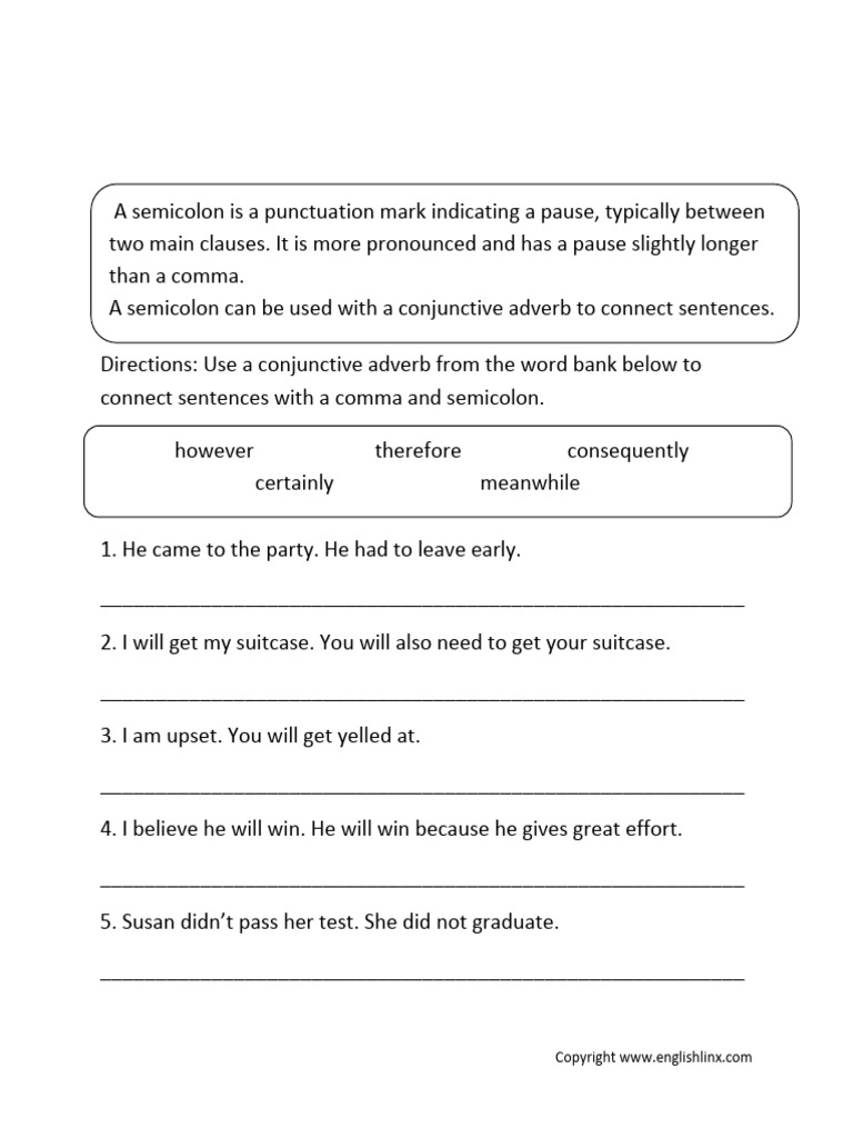 Semicolon and Commas Worksheet | PDF