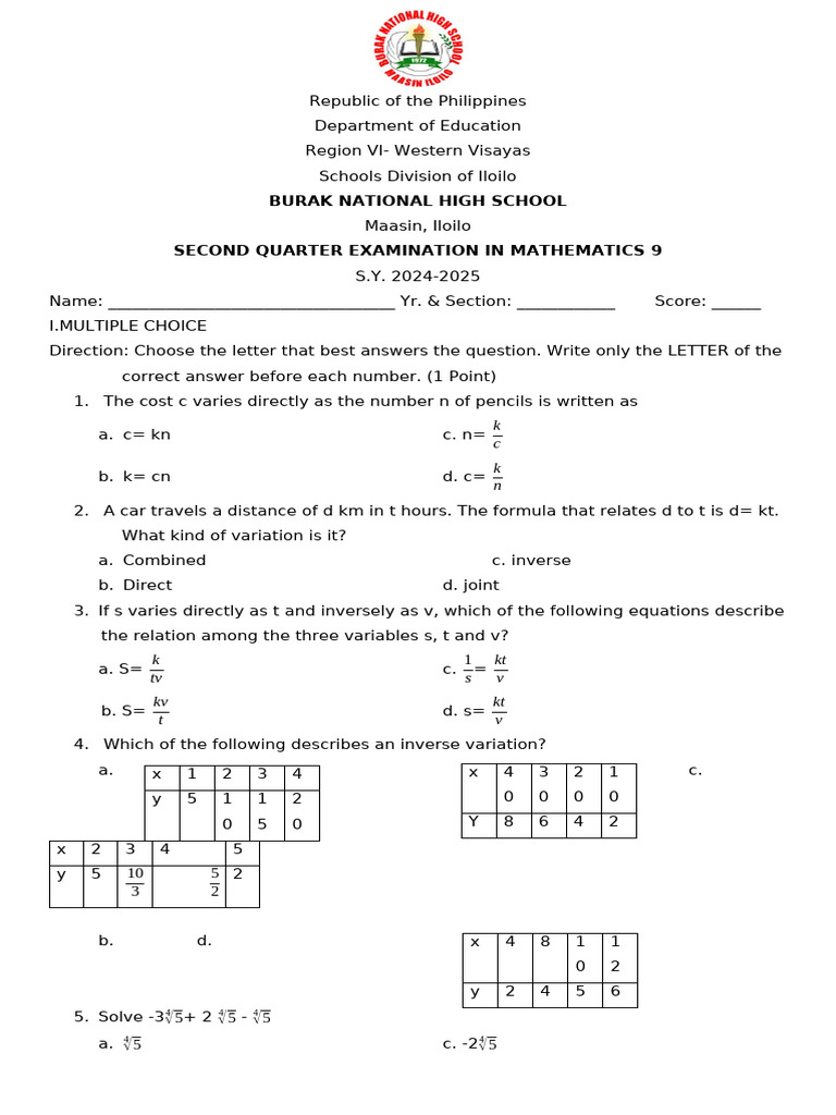 MATH 9 Second Quarter Exam | PDF | Square Root | Algebra
