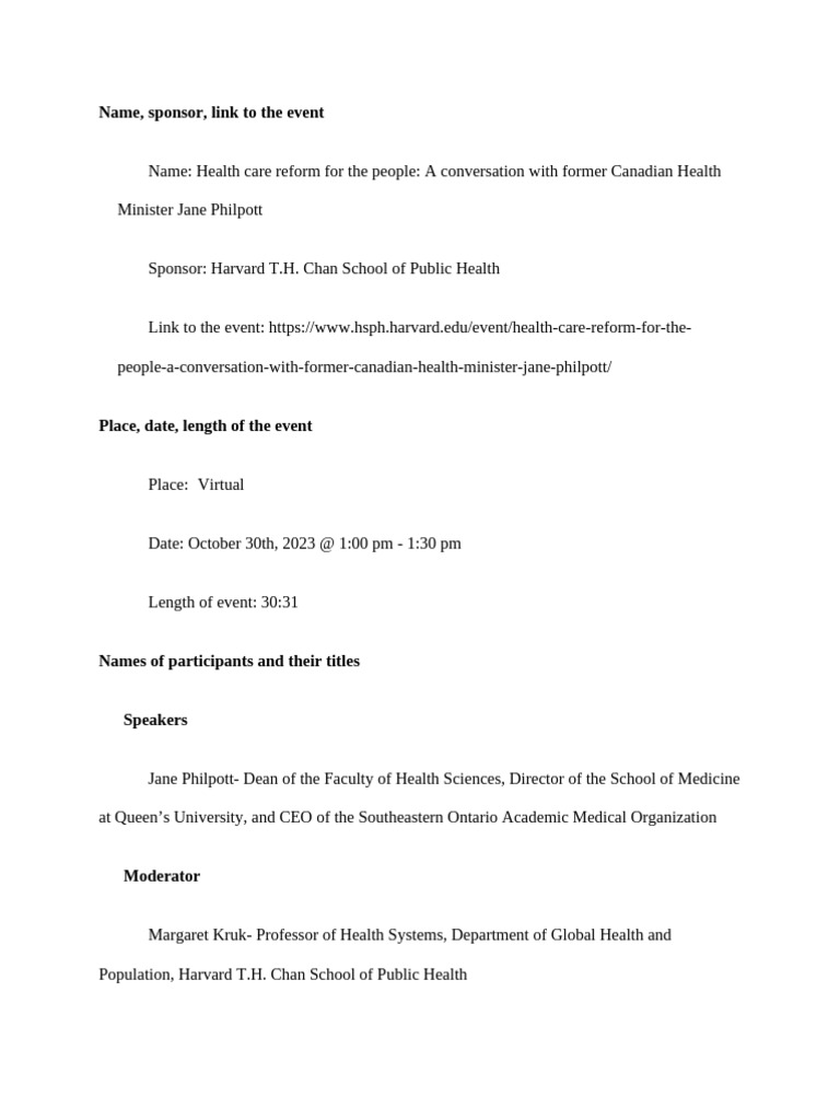 Health Care Reform Discussion with Jane Philpott | PDF | Health Care ...