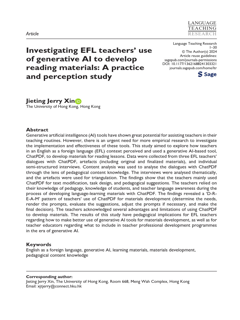 Xin 2024 Teacher Perception AI Material | PDF | Pedagogy | Teachers