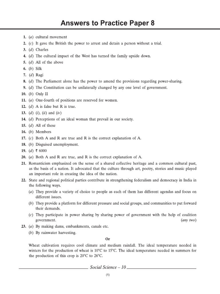 Cbse cl10 Together With SST Answers To Practice Paper 8 | PDF