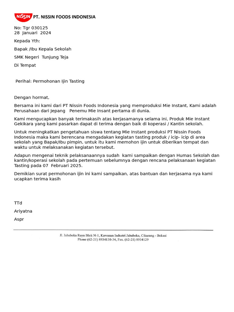 Surat Permohonan Ijin Tasting SMK Tunjung Teja | PDF