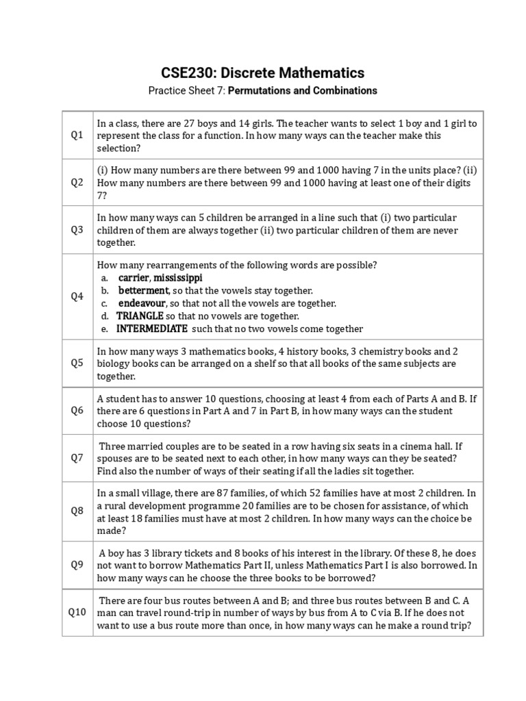 Problemset 7 - Permutations and Combinations | PDF | Linguistics
