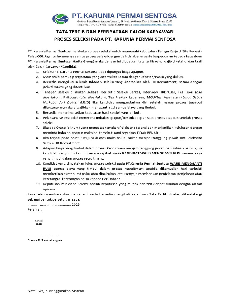 TATA TERTIB DAN PERNYATAAN CALON KARYAWAN PT KPS | PDF
