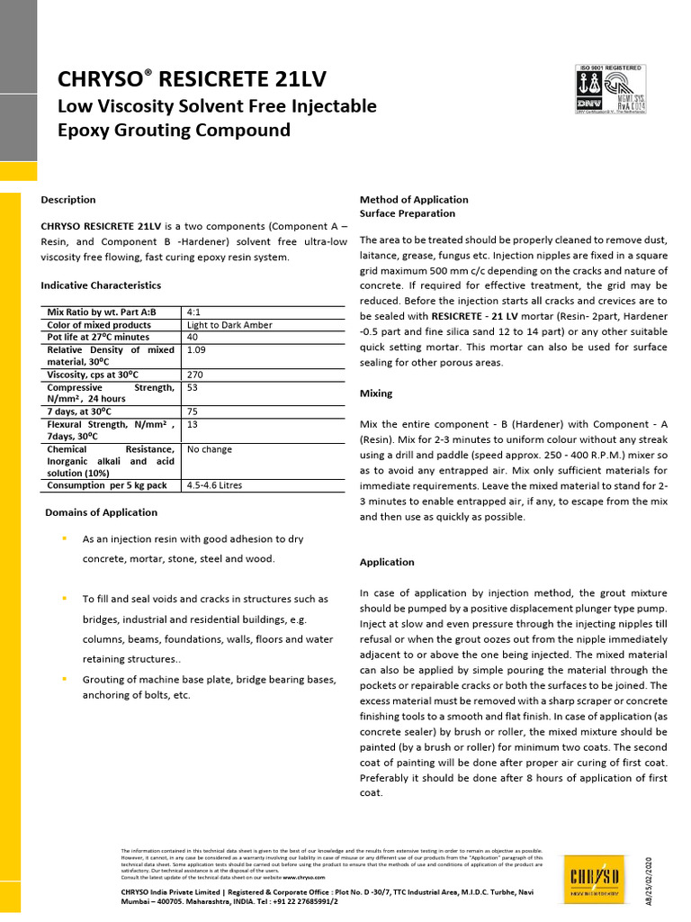 Chryso Resicrete 21lv | PDF | Concrete | Epoxy