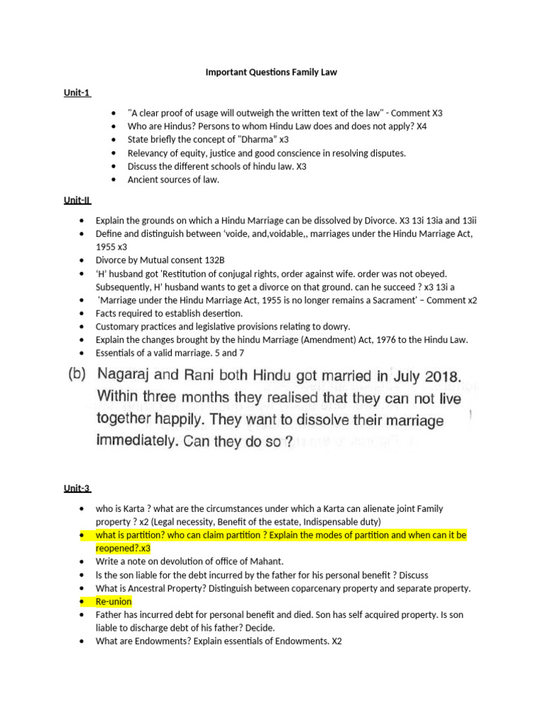 Important Questions Family Law | PDF | Marriage | Divorce