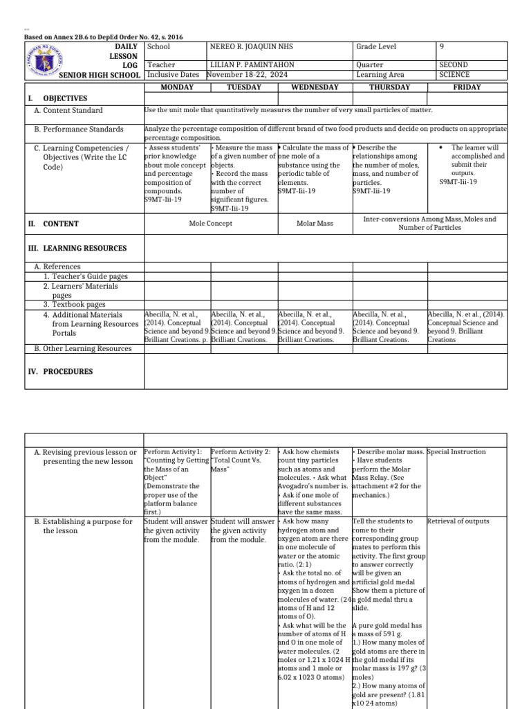 DLL Science 9 Q2W5-6 | PDF | Mole (Unit) | Physical Chemistry