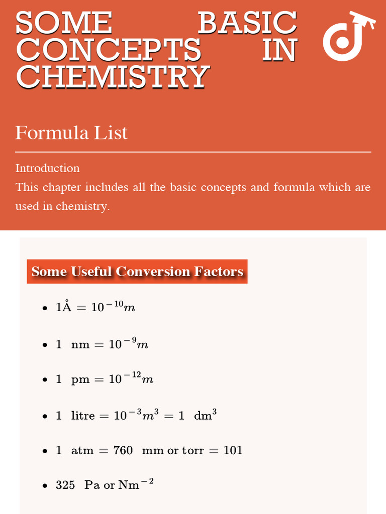 Class 11 Chemistry Chapter 1 Some Basic Concepts in Chemistry Formula List English Medium | PDF ...