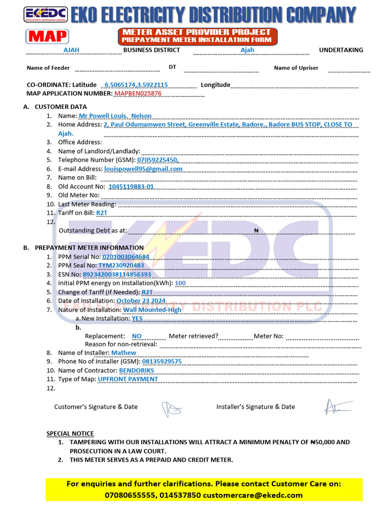 EKO Prepayment Meter Installation Form | PDF