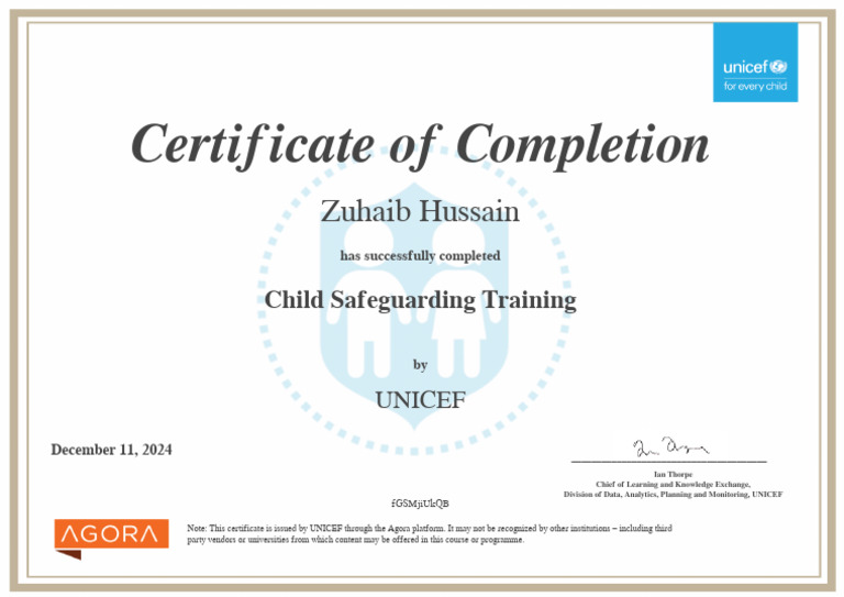 UNICEF Child Safeguarding Training Certificate | PDF