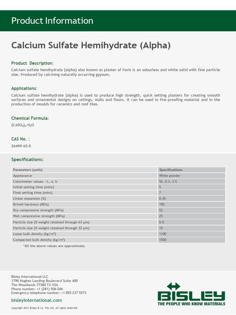 Calcium Sulfate Hemihydrate Alpha TDS | PDF | Plaster | Materials