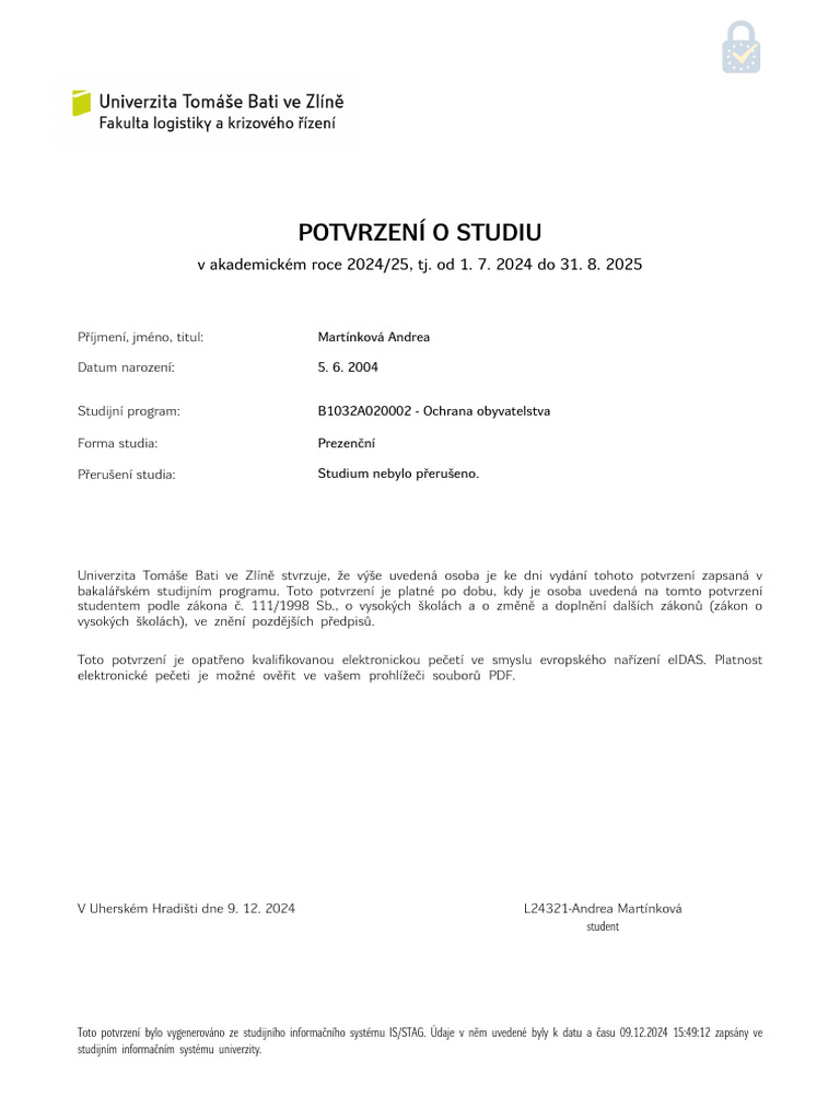 Elektronicke Potvrzeni o Studiu | PDF
