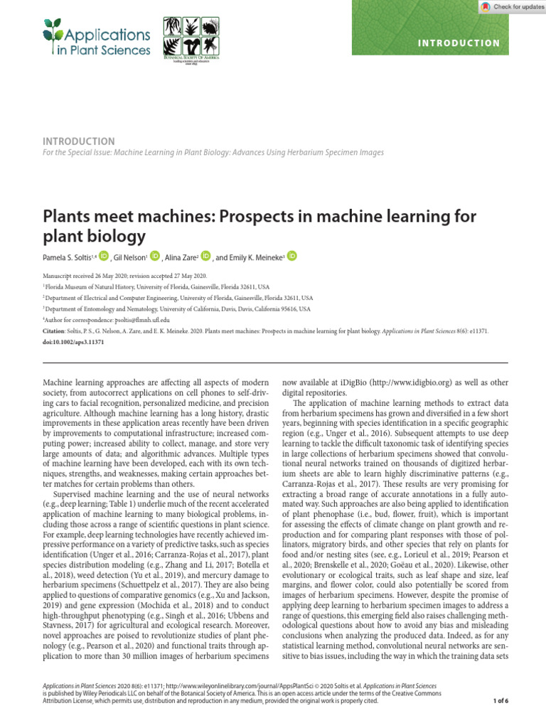 Appl Plant Sci - 2020 - Soltis - Plants meet machines Prospects in ... Appl Plant Sci - 2020 - Soltis - Plants meet machines Prospects in ...