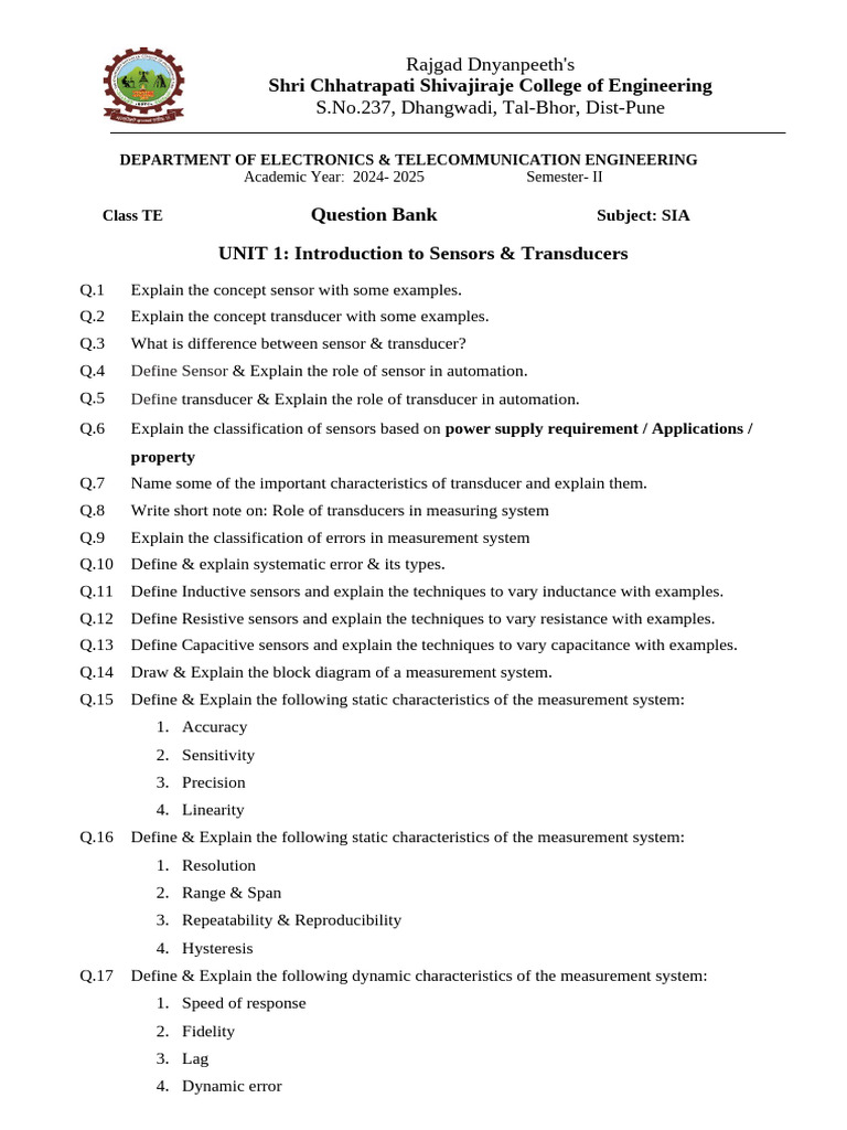 Question Bank Unit-1 | PDF | Sensor | Electrical Engineering