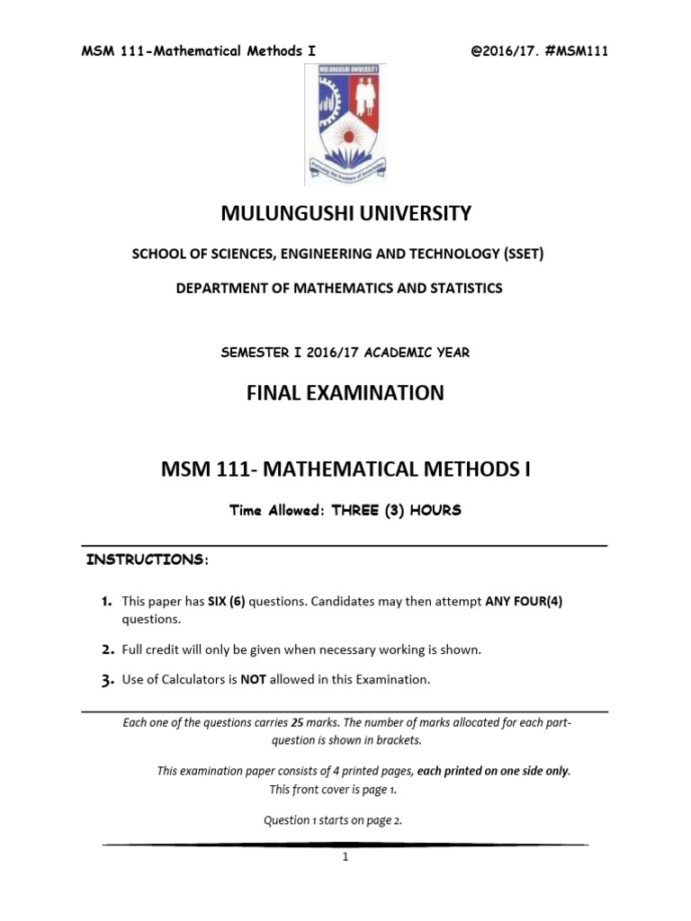 MSM 111 Exam 2016 | PDF | Function (Mathematics) | Polynomial