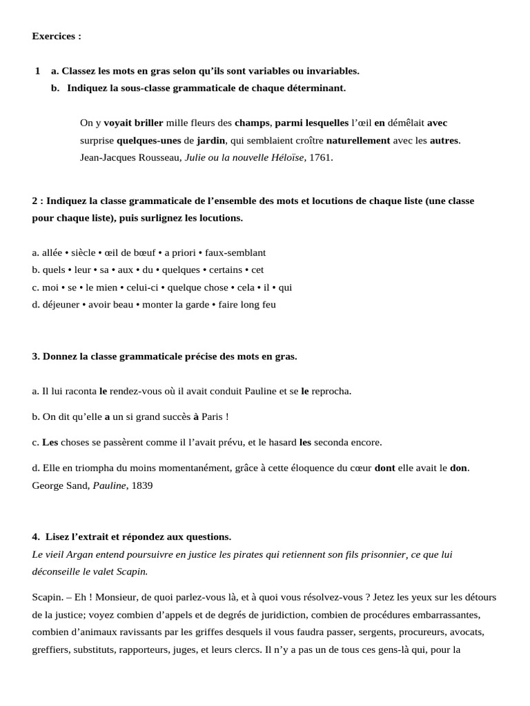 Exercices sur les classes grammaticales 3ème | PDF