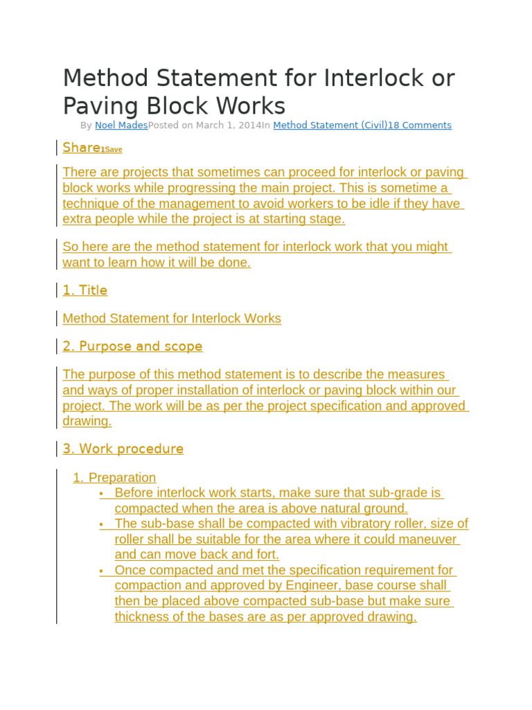 Method Statement For Interlock or Paving Block Works | PDF | Concrete ...