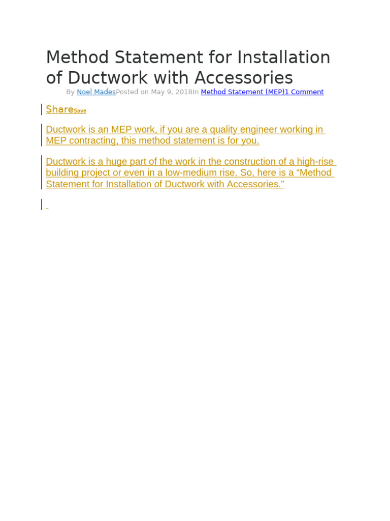 Method Statement For Installation of Ductwork With Accessories | PDF | Duct (Flow) | Equipment