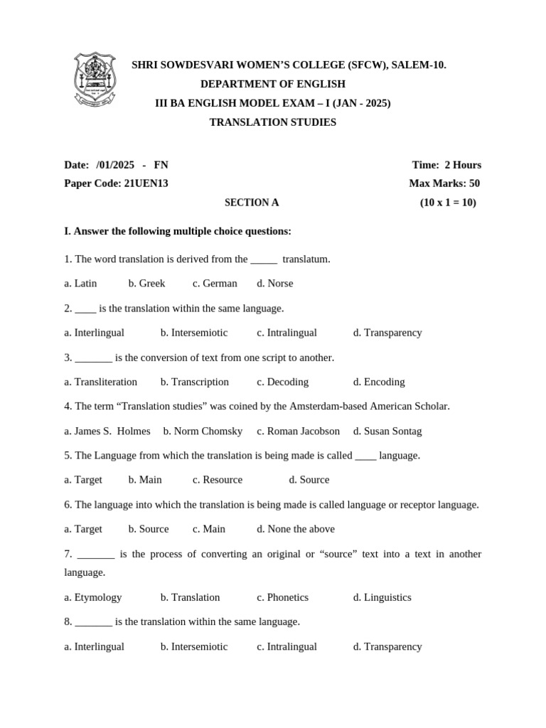 Translation Studies Model Question Paper 2025 | PDF | Translations ...