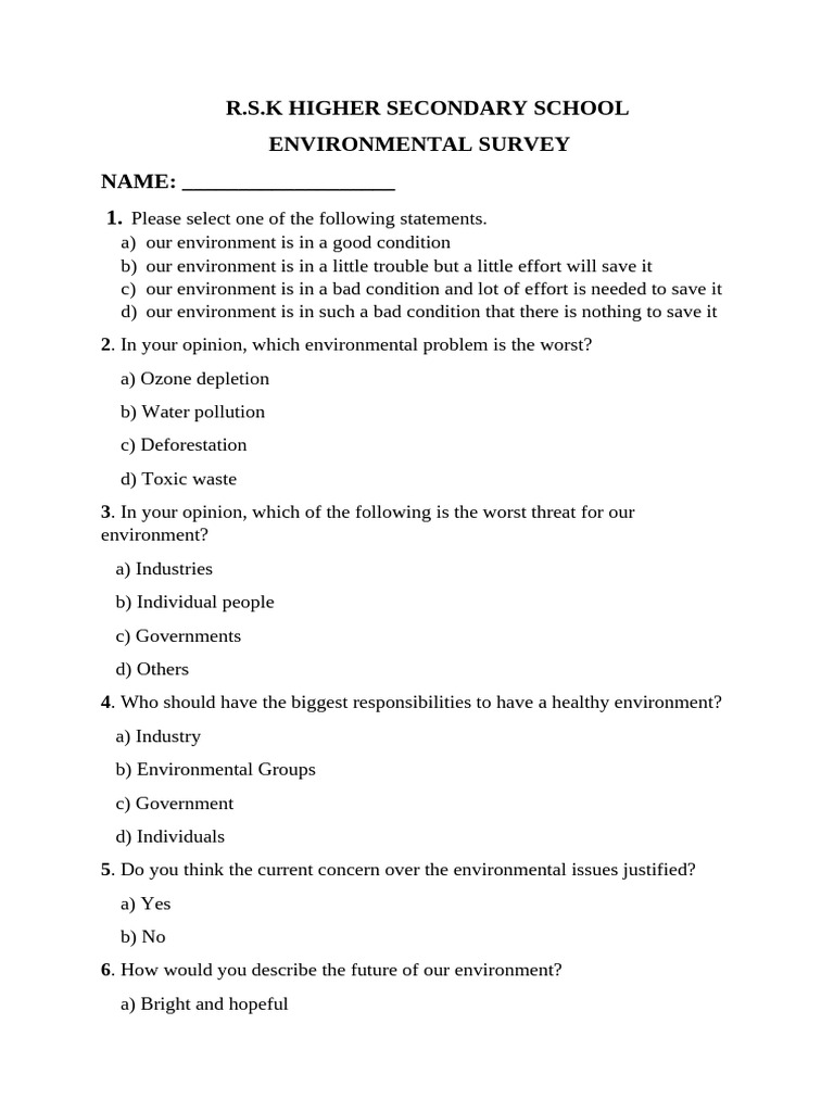 Environmental Survey Questionnaire | PDF | Climate Change | Natural ...