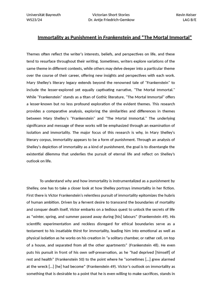Immortality as Punishment in Frankenstein and The Mortal Immortal ...
