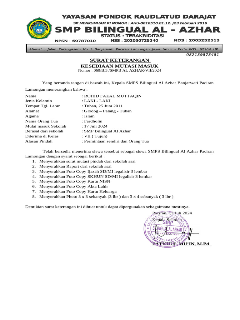 Surat Mutasi Masuk Rohit | PDF