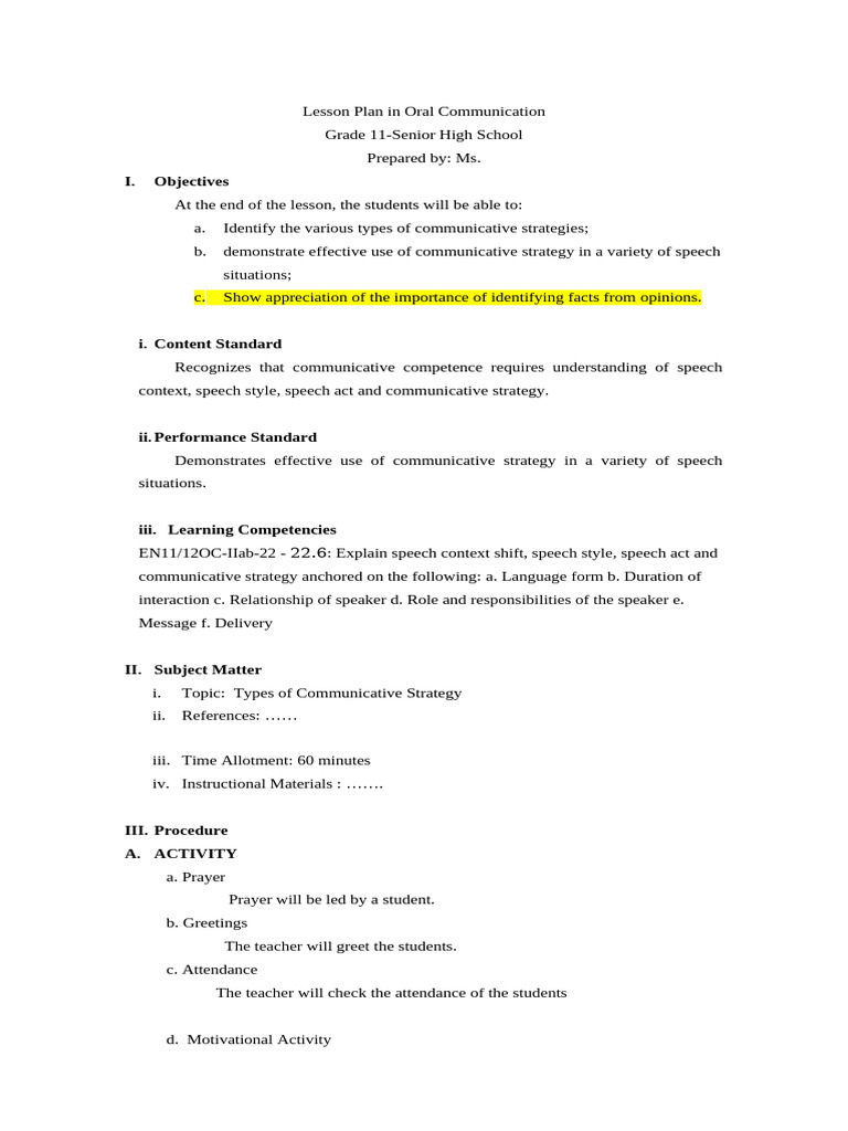 Grade 11 Oral Communication Lesson Plan | PDF | Conversation ...