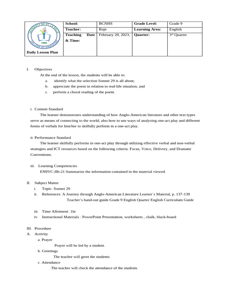 Grade 9 English Lesson on Sonnet 29 | PDF | Lesson Plan | Sonnets