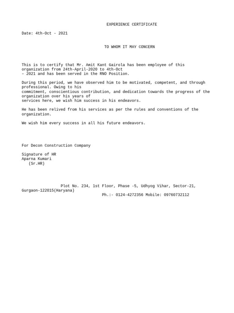 Experience Certificate for Amit Gairola | PDF