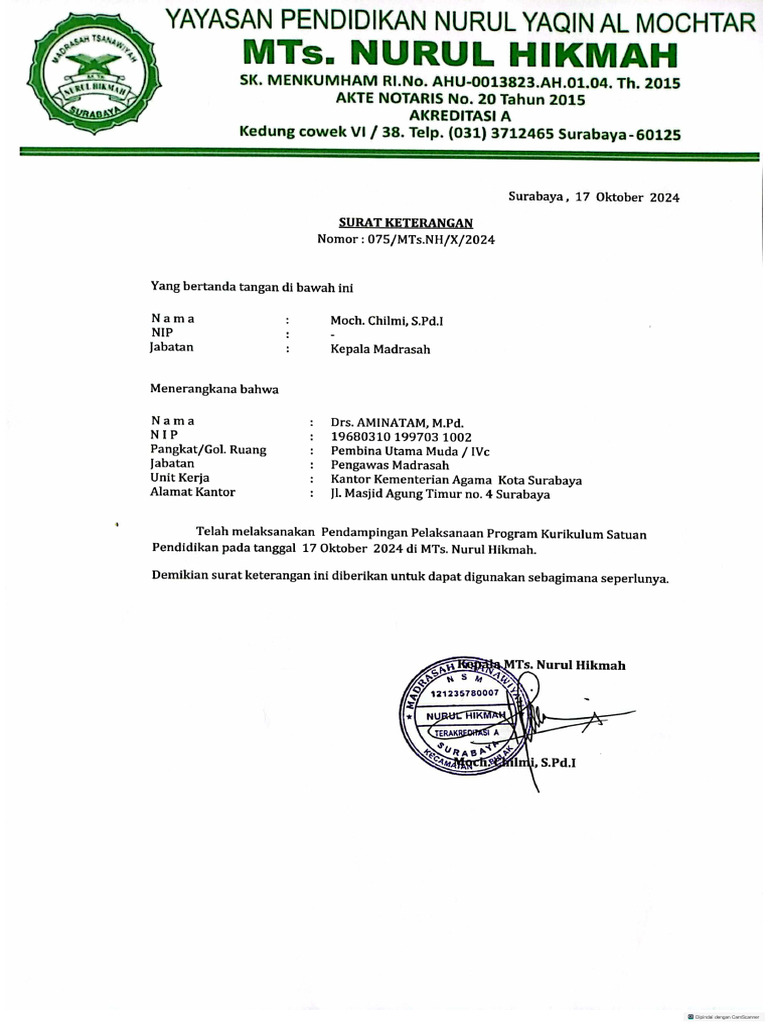 okt17 kurikulum MTS NURUL HIKMAH Surat Keterangan Pak.Amin-5-6 | PDF