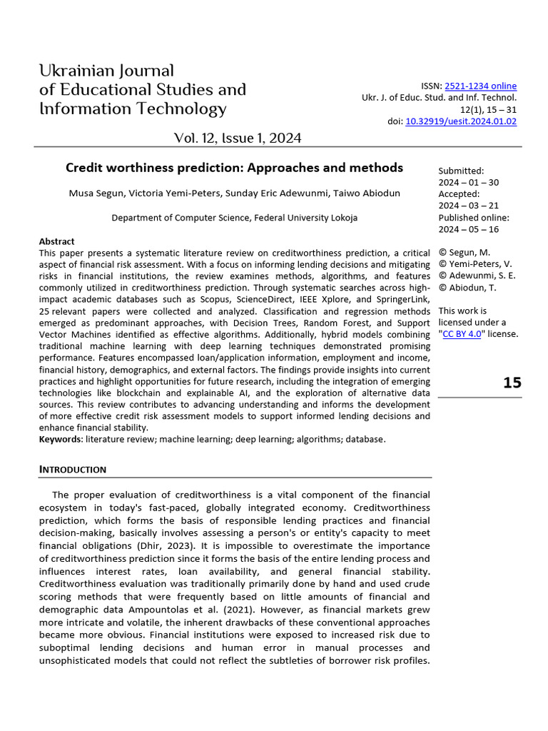 Credit Worthiness Prediction Approaches and Method | PDF | Machine Learning | Loans