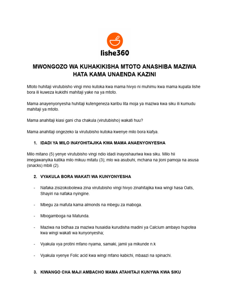 Mwongozo Wa Kuhakikisha Mtoto Anashiba Maziwa Hata Kama Unaenda Kazini | PDF